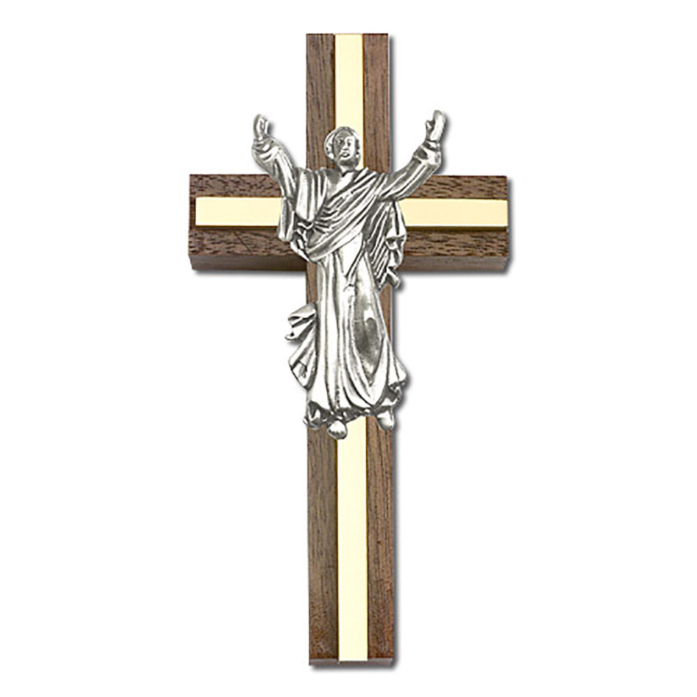 4 inch Contemporary Risen Christ Cross, Walnut w/ Antique Silver inlay ...