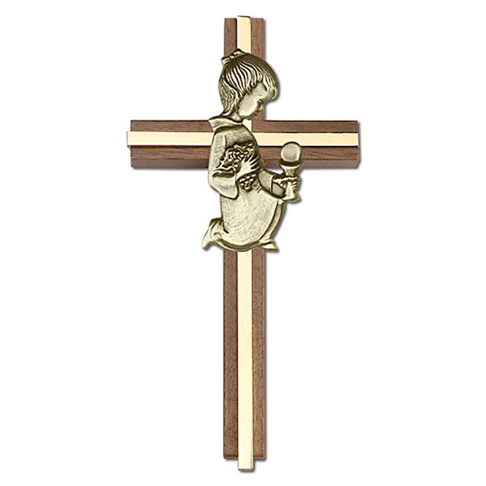 6 inch Communion Girl Cross, Walnut w/ Antique Gold inlay - 5630G/G ...
